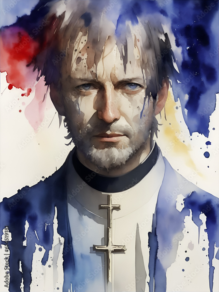 Christian priest watercolor portrait. AI generated illustration Stock ...