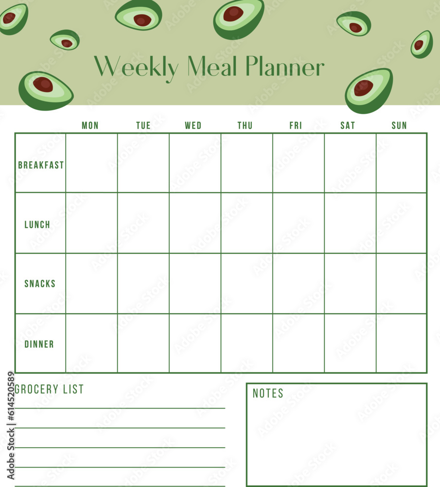 Weekly meal planner and shopping grocery list, breakfast, lunch, dinner ...