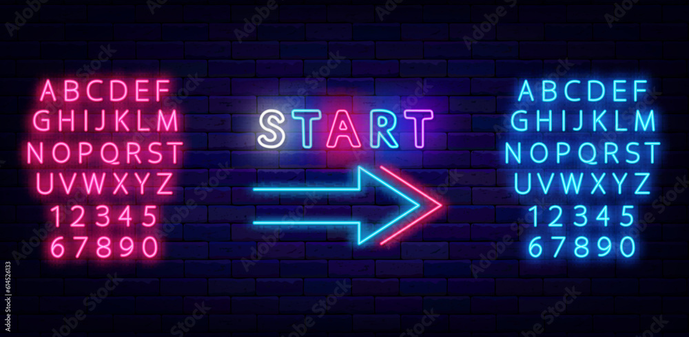 Start neon signboard. Game begining label. Arrow symbol. Shiny pink and ...