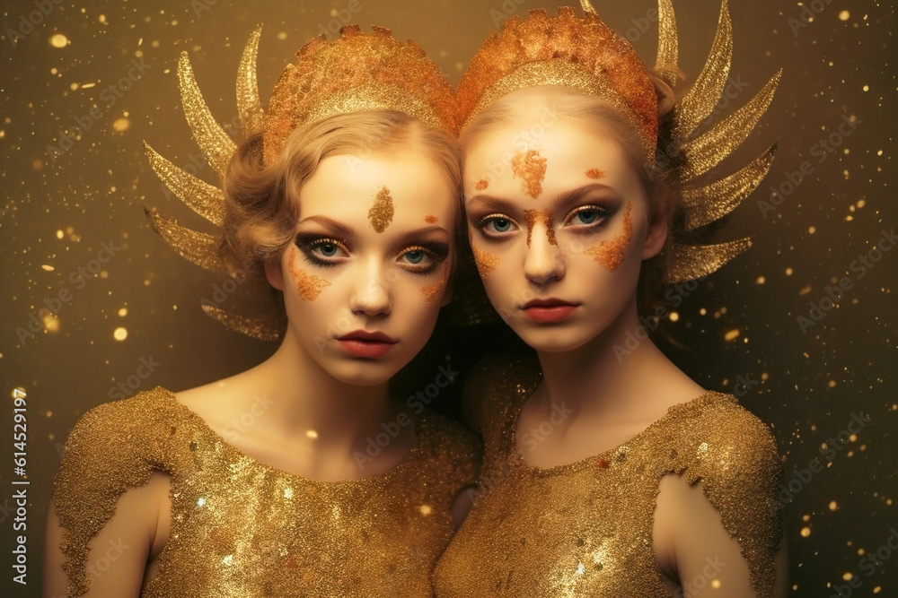 Zodiac sign of Gemini, two female twins on gold confetti background ...
