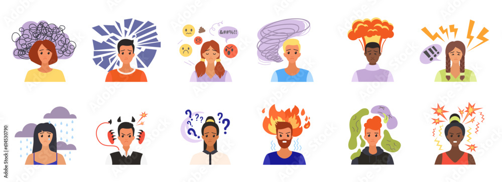 People with negative thinking and stress set vector illustration ...