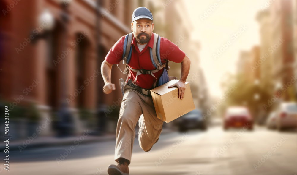 Picturing a running parcel delivery man, a postal concept, modern mail ...