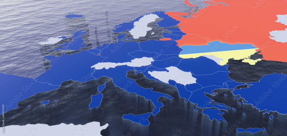3D Rendered Map of Europe with NATO memeber countries in blue, non-NATO ...