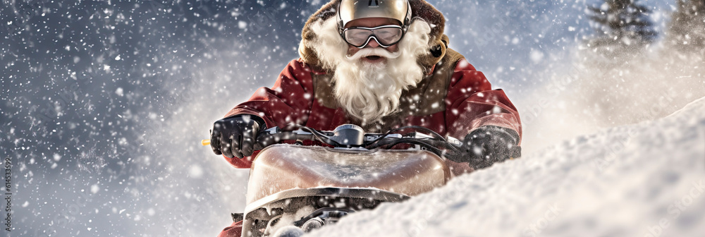 Action shot of Santa Claus on a snow mobile delivering packages in the ...