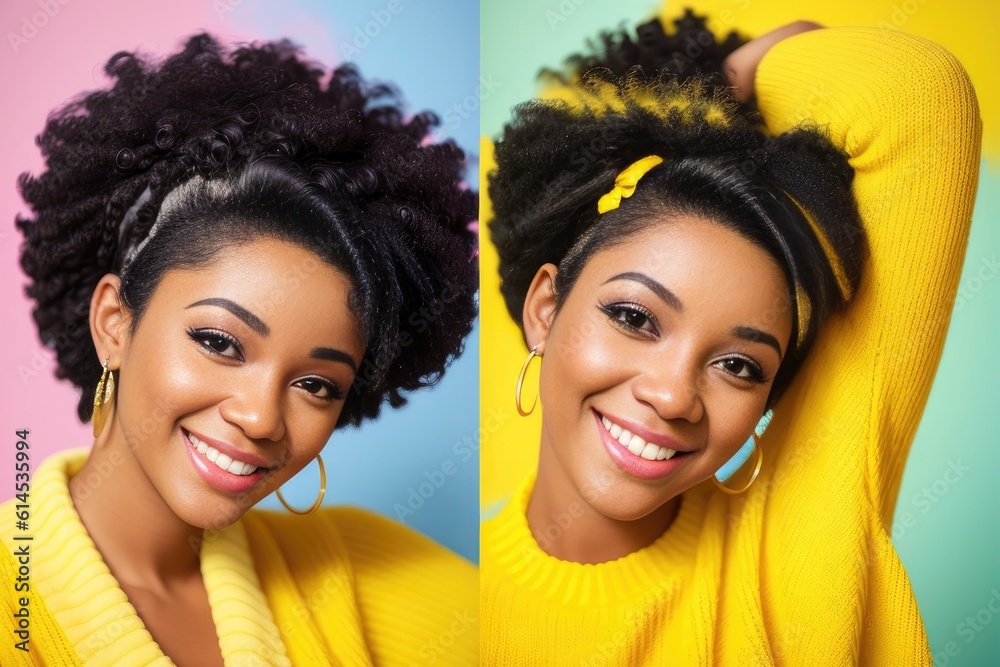 Happy young female best friends in yellow jumpers having fun together ...