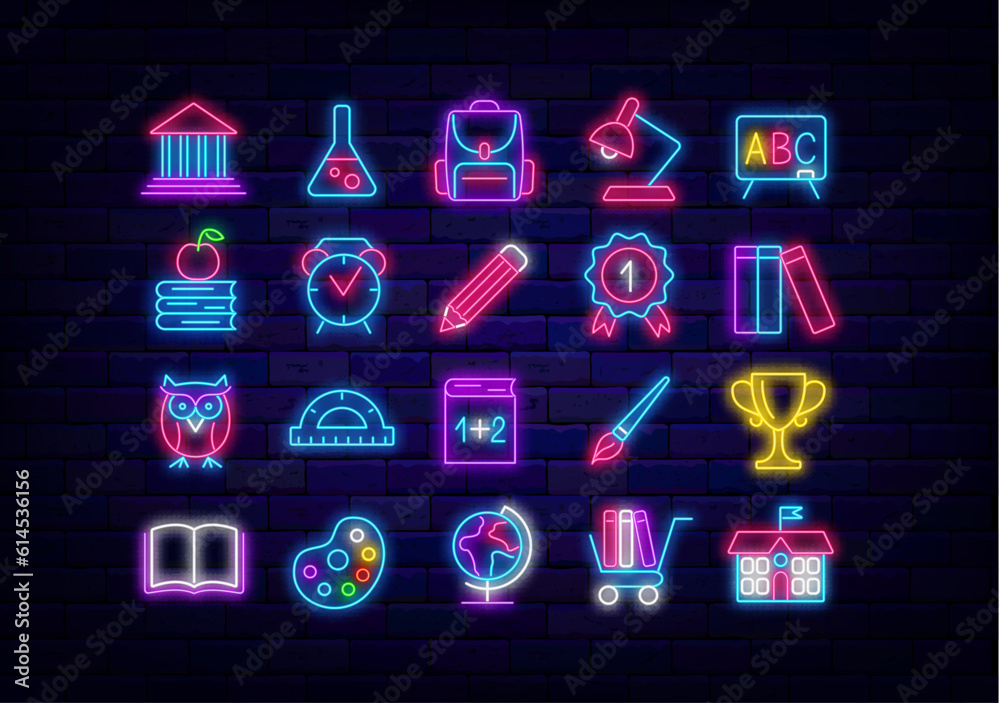 School neon icons pack. Office store signs set. Back to school. Globe ...