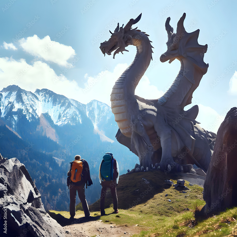 Hikers looking at a two-headed dragon stone statue in the swiss alps ...