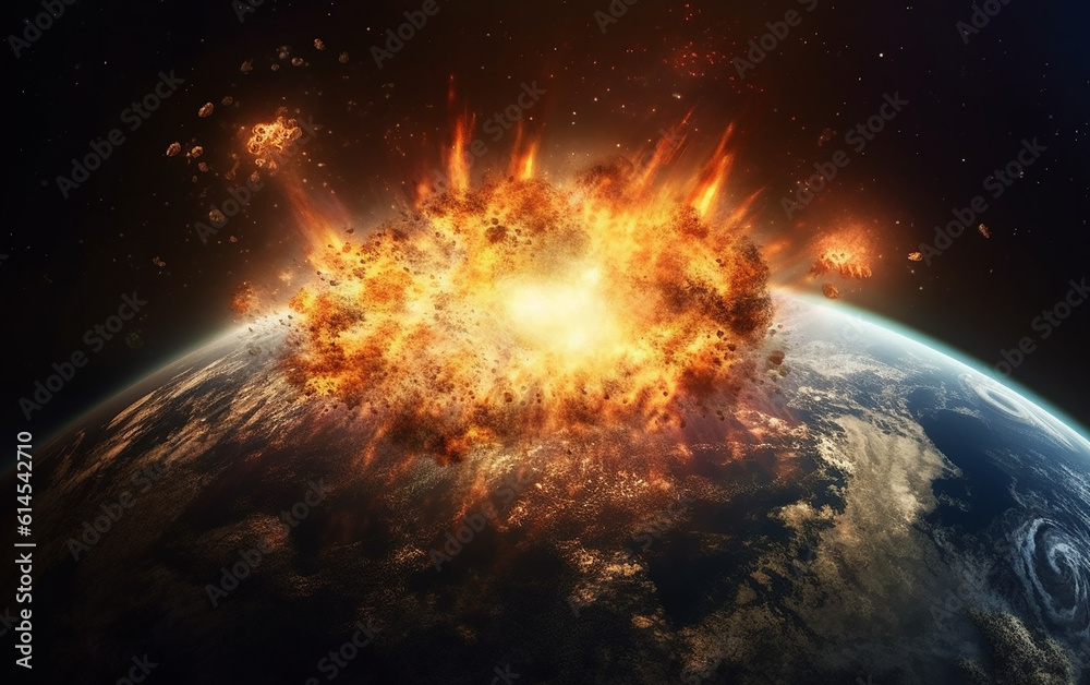 Meteor impact. The image portrays a gigantic meteorite colliding with ...
