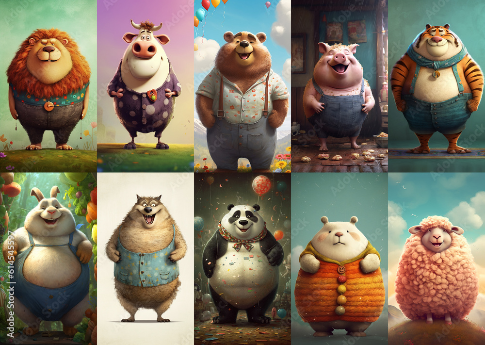 Set of funny portraits with cute fat cartoon style animals AI generated ...