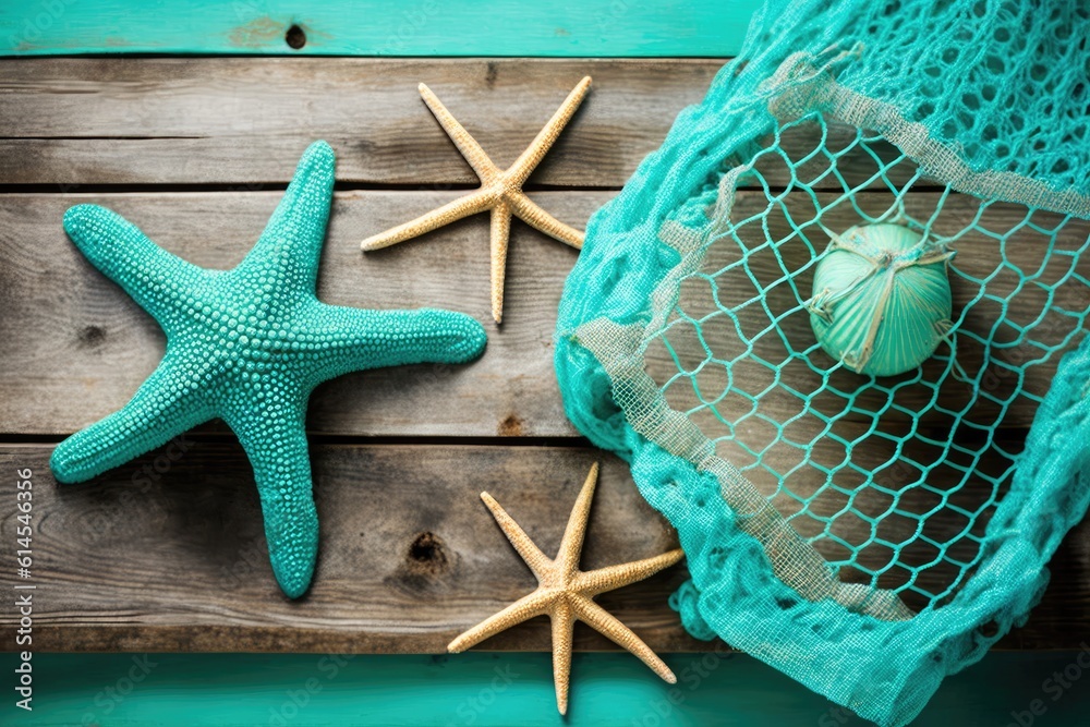 Beautiful turquoise blue nautical background with draped fishing net ...