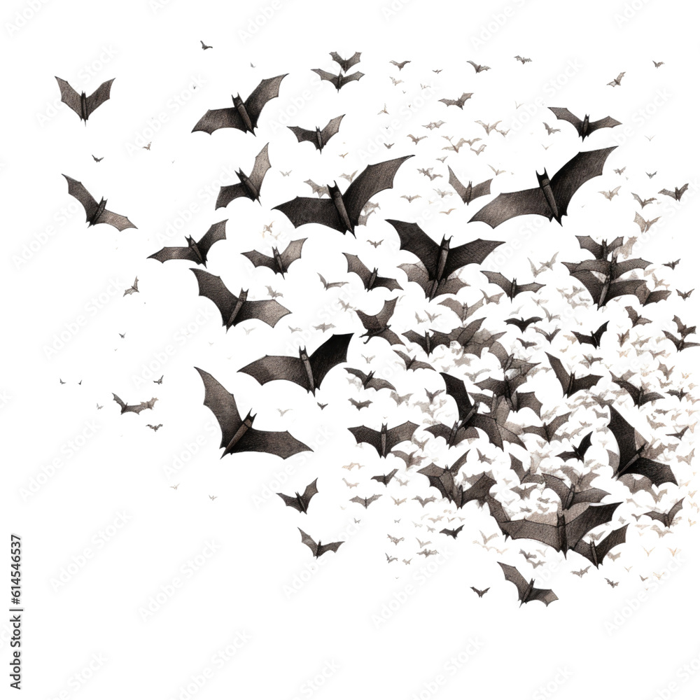 ภาพประกอบสต็อก bat swarm a flurry of detailed black bats isolated on a ...