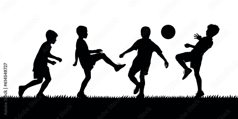 Group of kids playing football on grass field vector silhouette. Stock ...
