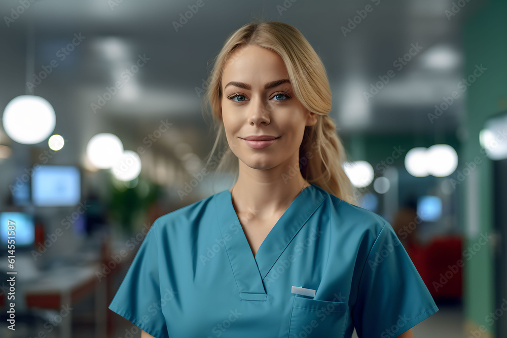 Portrait of a proud and compassionate blond female nurse in a hospital ...
