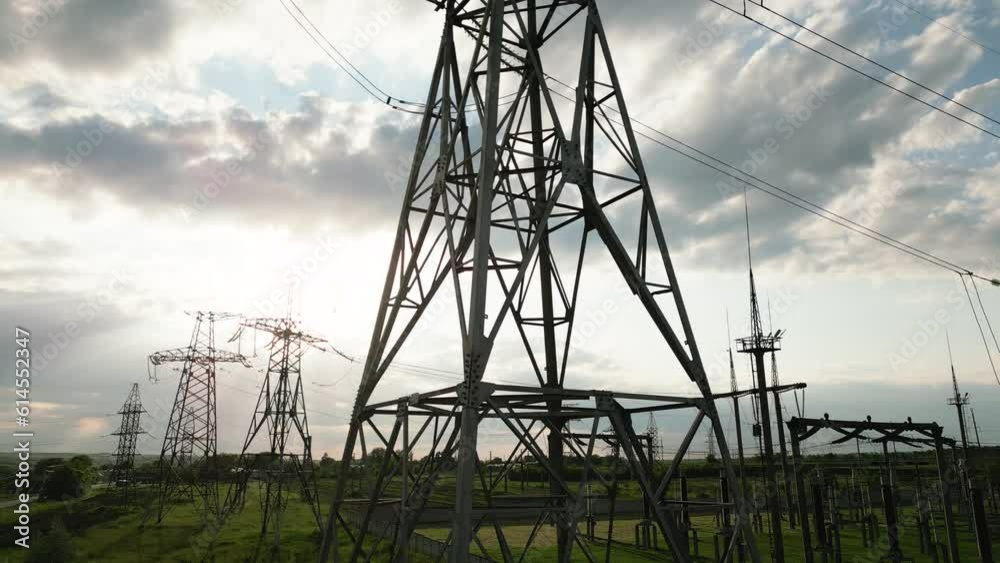 High voltage power station. View from flying drone. Wide angle, high ...