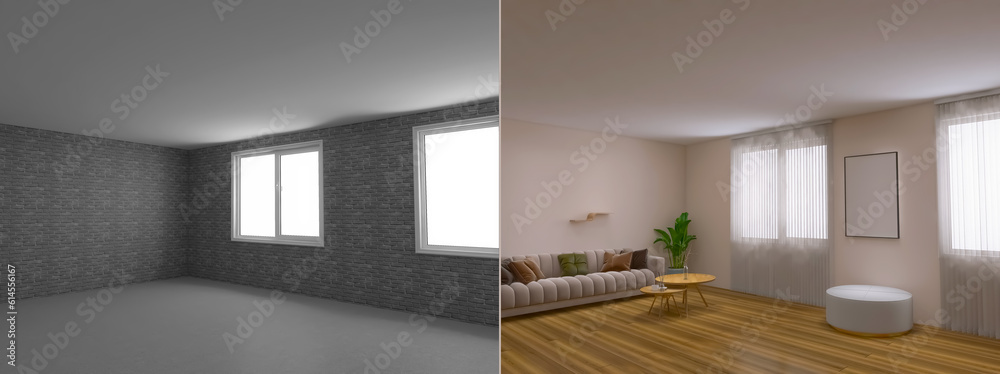 apartment renovation before and after 3d render, 3d illustration Stock ...