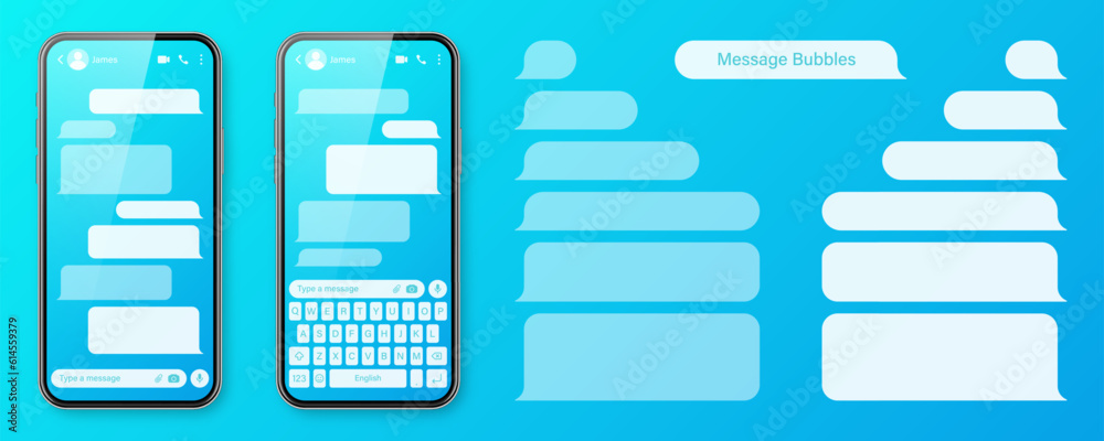 Realistic smartphone with messaging app on colorful blue background ...