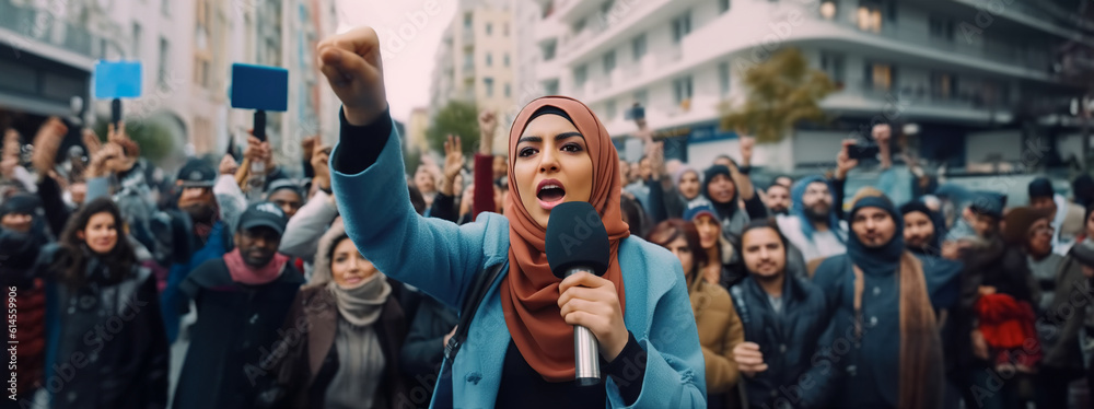 Female Arab Muslim activist angry shouting for her cause among people ...