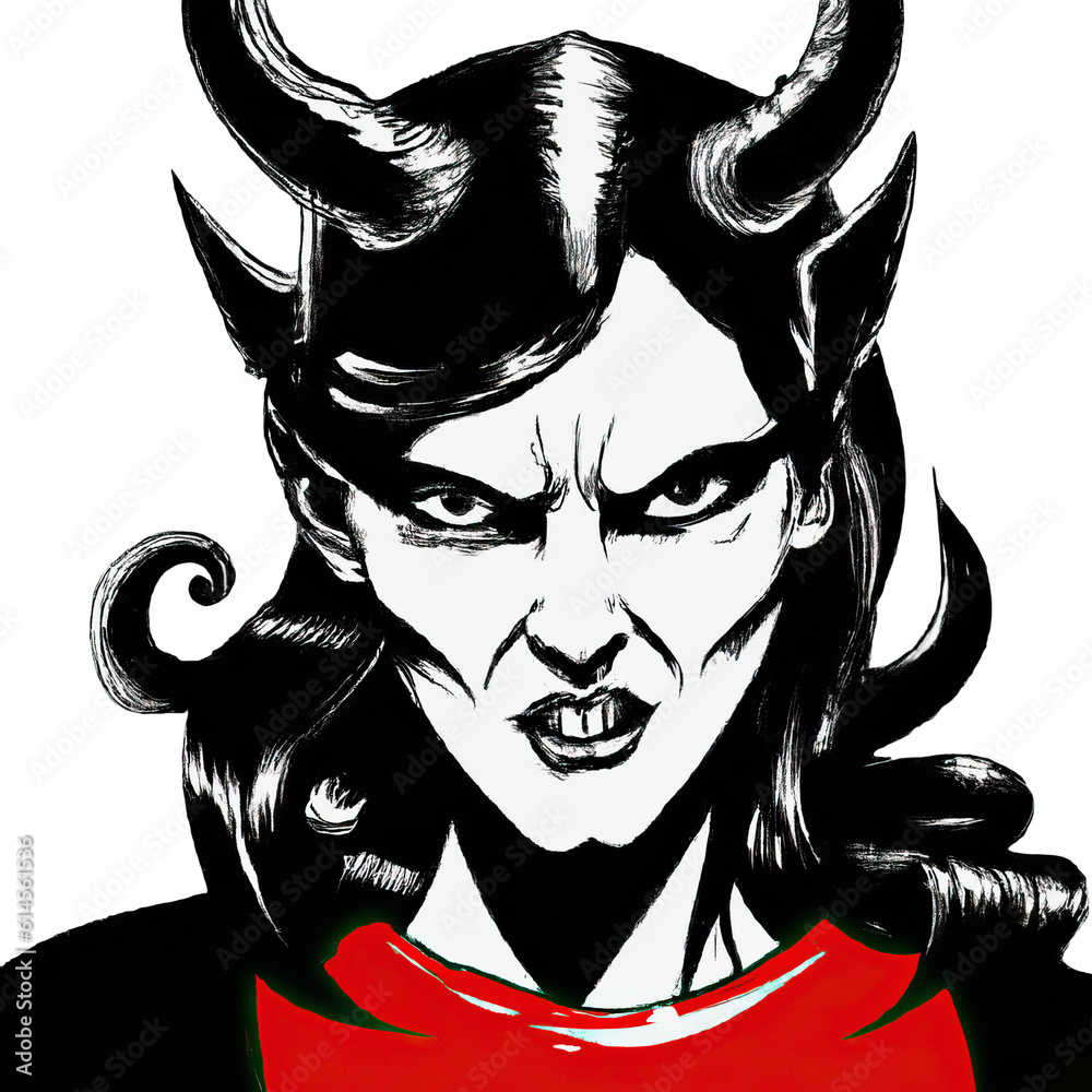 Female demon devil with horns abstract drawing in black, white and red ...