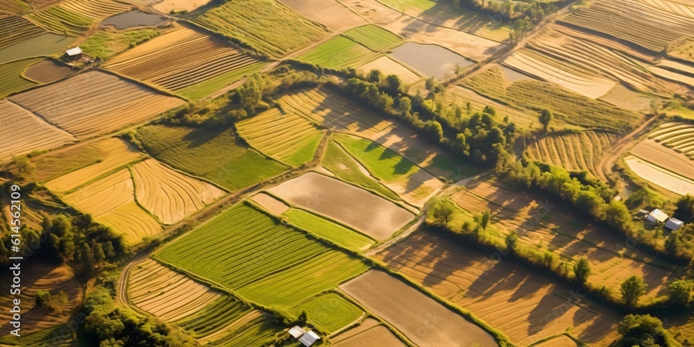 ecosystem with healthy farming method, aerial view of fields with ...