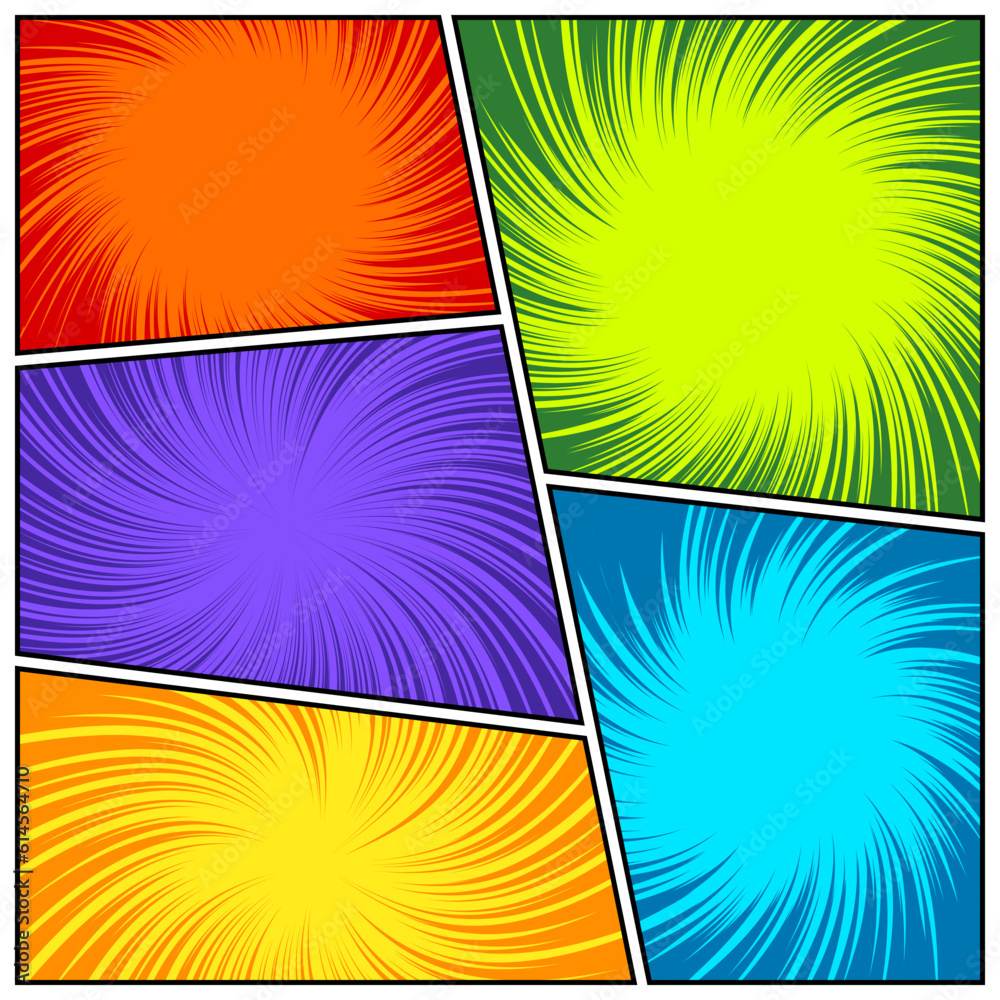 Colorful twisted comic book radial rays, lines. Comics background with ...