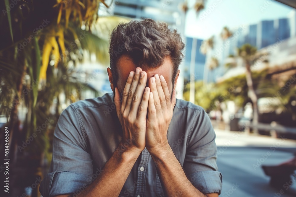 Embarrassed man covers his face with his hands. Ai generated ...