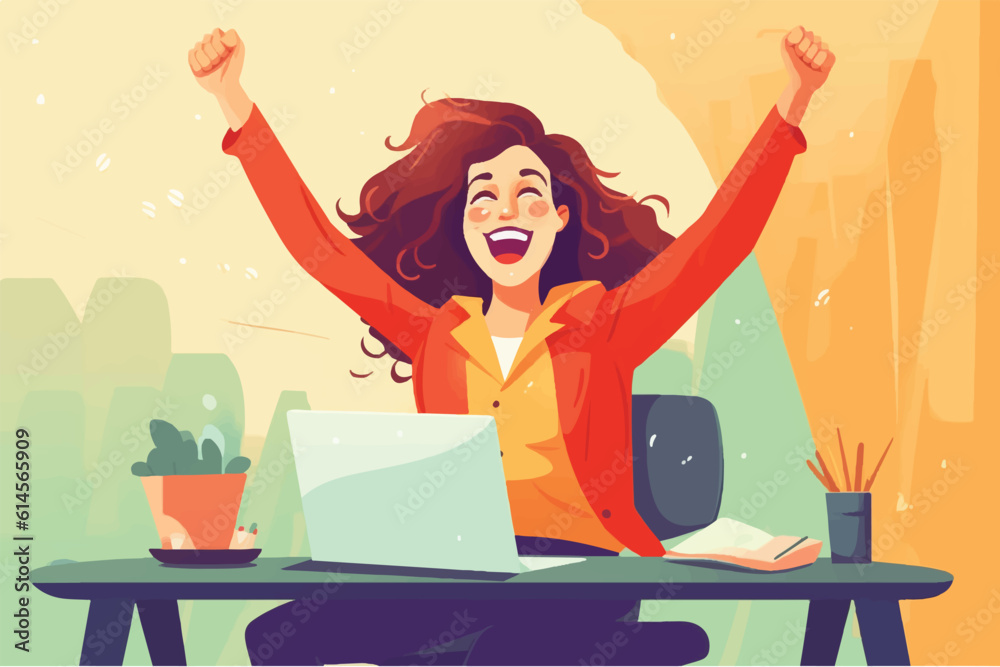 cartoon vector illustration of Triumph at Sunset, Businessman ...