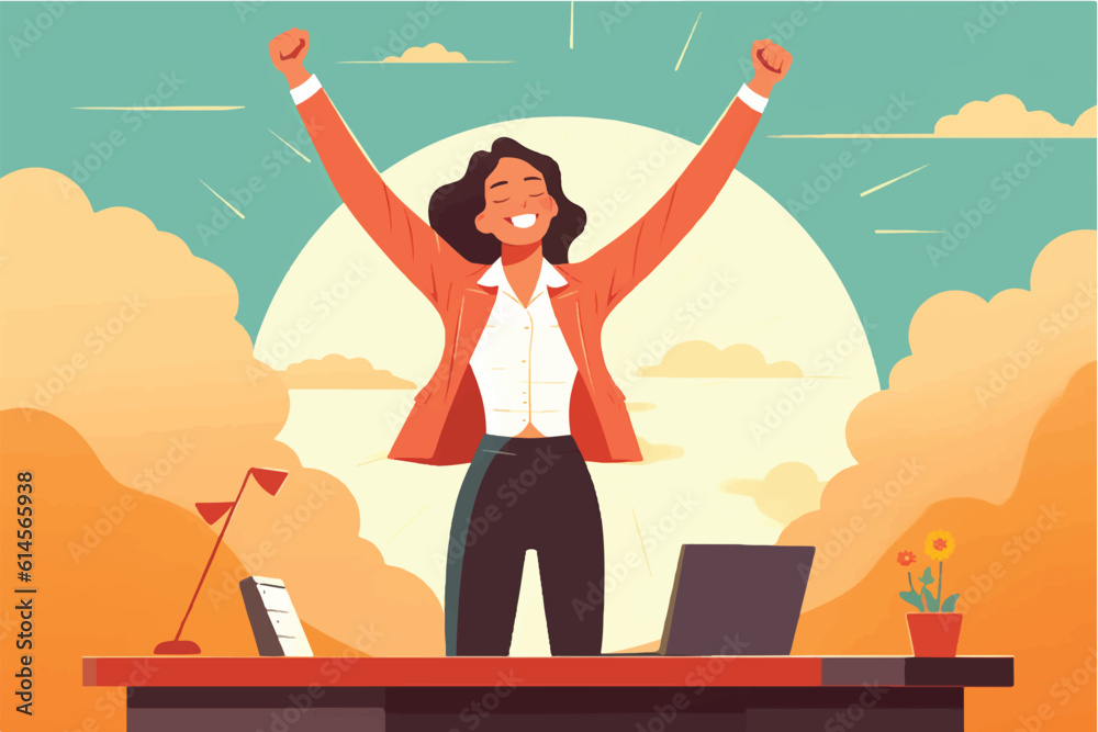 Cartoon Vector Illustration Of Triumph At Sunset Businessman