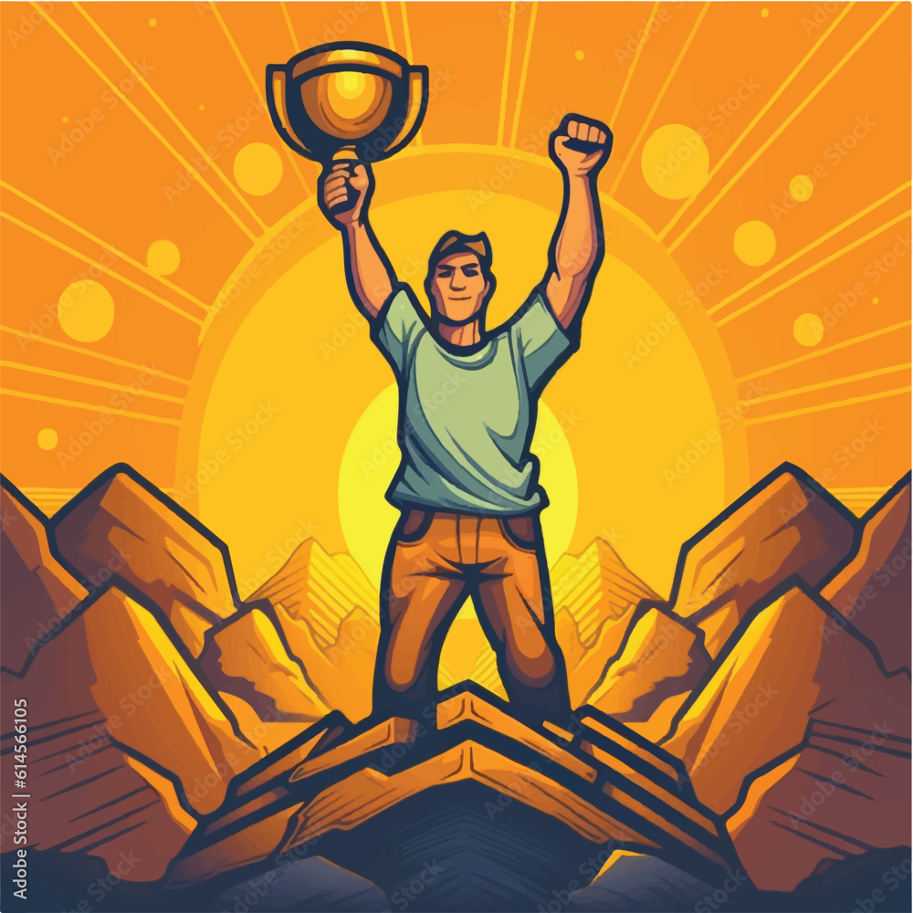cartoon vector illustration of Achievement Emblem, Businessman hoists ...