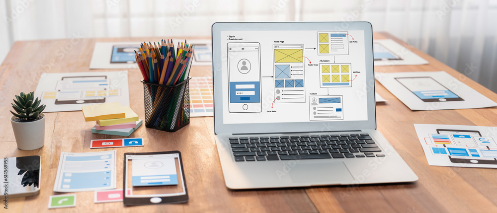 Digital and paper wireframe designs for web or mobile app UI UX display ...
