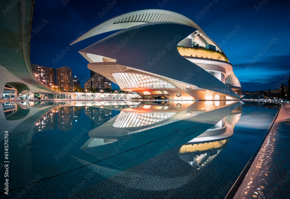 Valencia, Spain: night view of the Palau de les Arts Reina Sofia, the ...