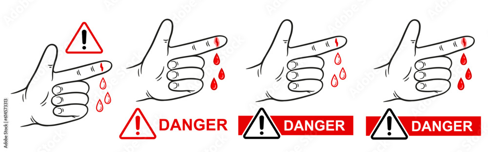 Hand finger cut injury risk warning, skin hurt wound with blood drops ...