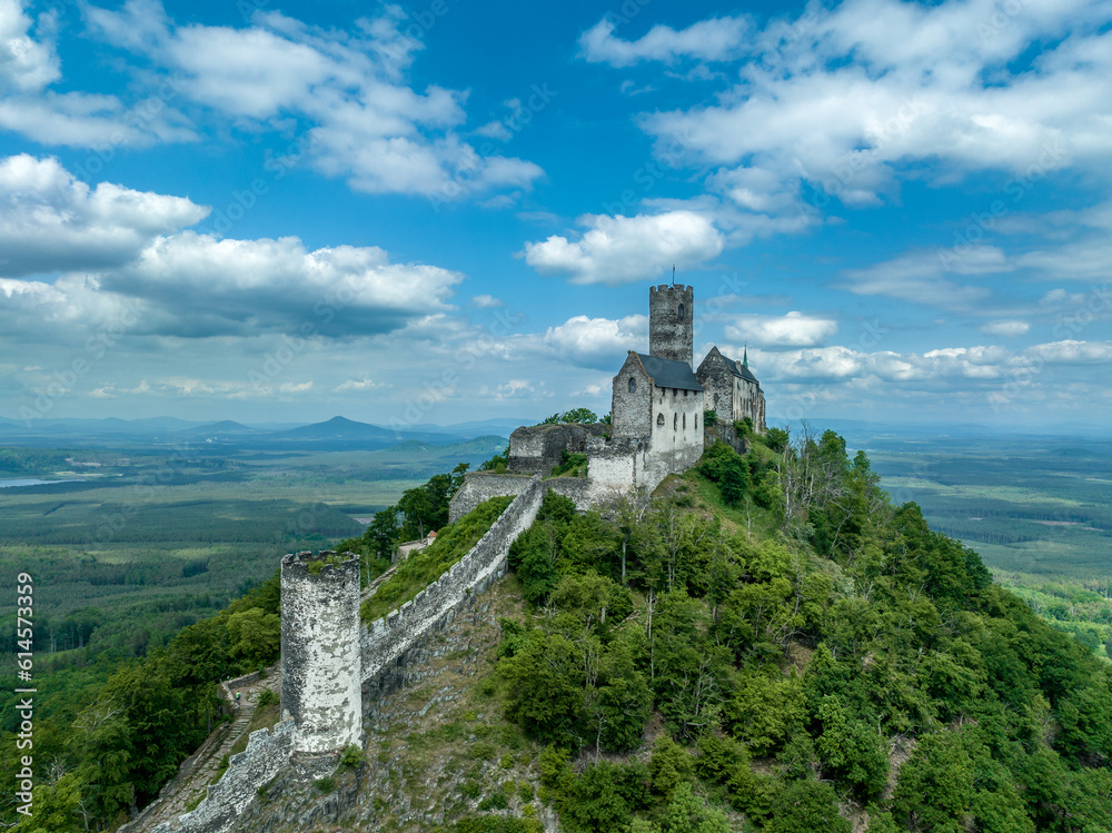 Aerial view of Bezdez castle with ruined palace and church building ...