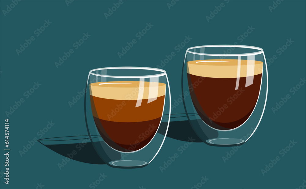 Elegant two cups of coffee in a double wall glass mugs vector drawing ...