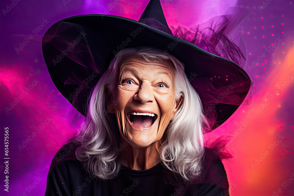 Smiling older woman wearing festive Halloween witch costume with spooky ...
