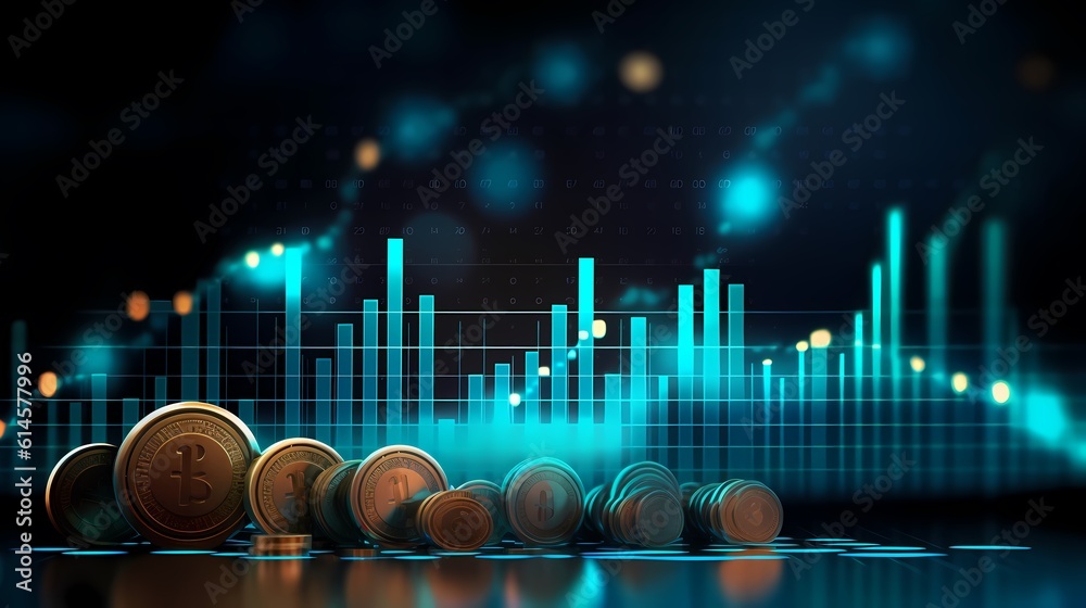 3D coin background with a blue finance graph - Created using generative ...