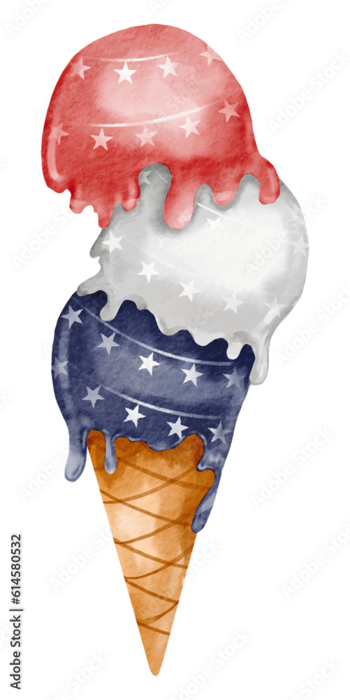 Hand draw Ice cream cone with USA flag color watercolor brush paint ...