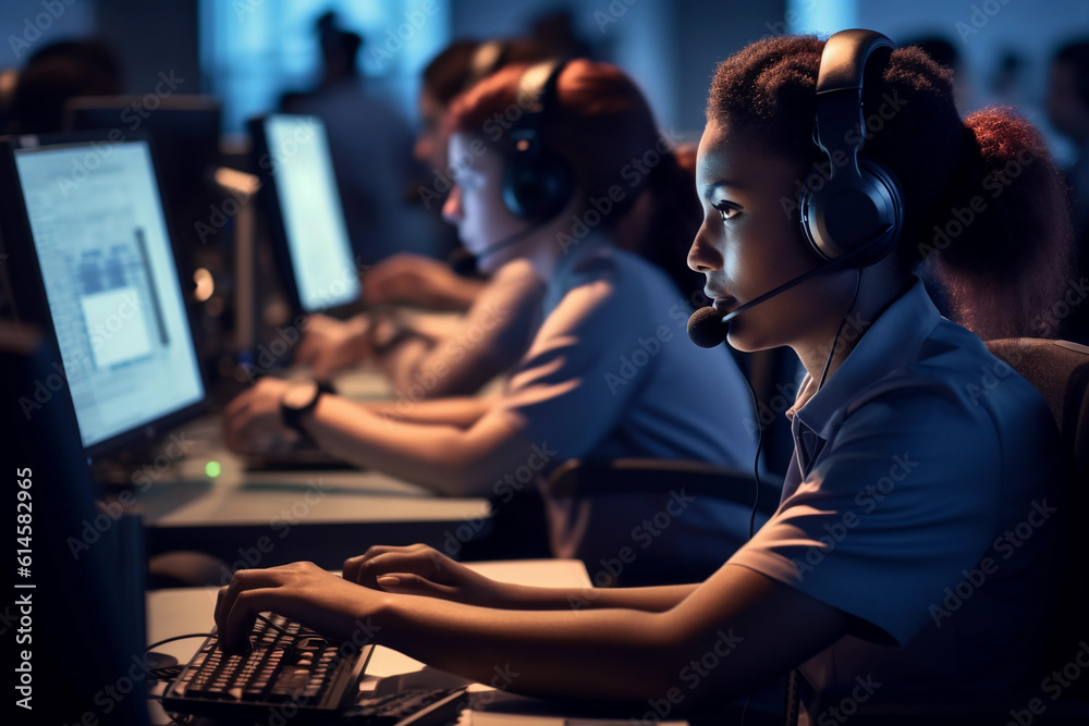 An image depicting a diverse group of customer service agents male and female wearing headsets ...