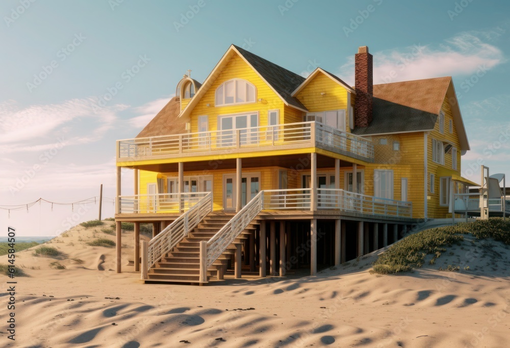 large wooden house with a front porch leading out to a beach, in the ...