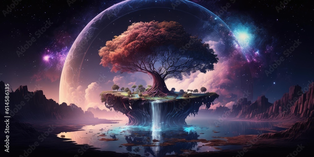 Fantasy fairytale sphere island floating in universe of night sky ...