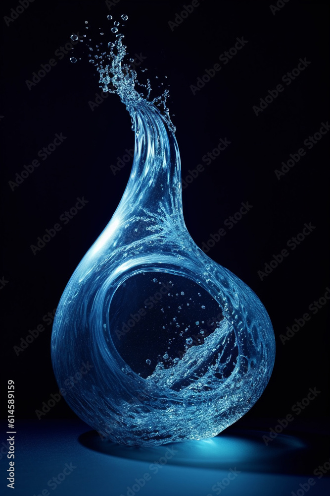 Blue Klein bottle full of liquid water splash isolated on dark ...