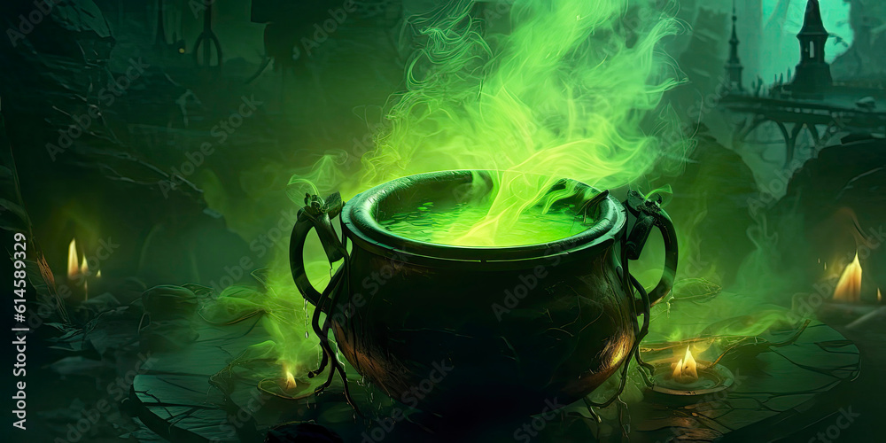 Halloween magical witches green bubbling cauldron with fog and mist ...