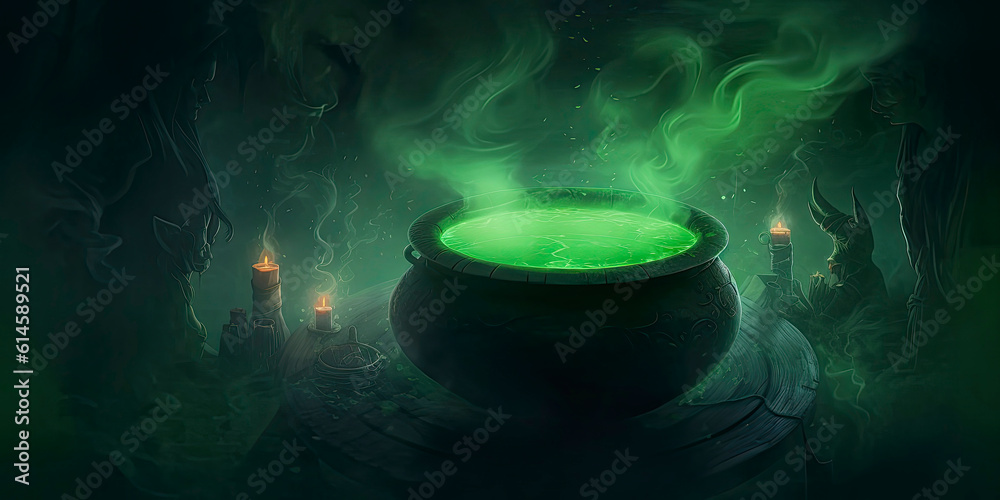 Halloween magical witches green bubbling cauldron with fog and mist ...