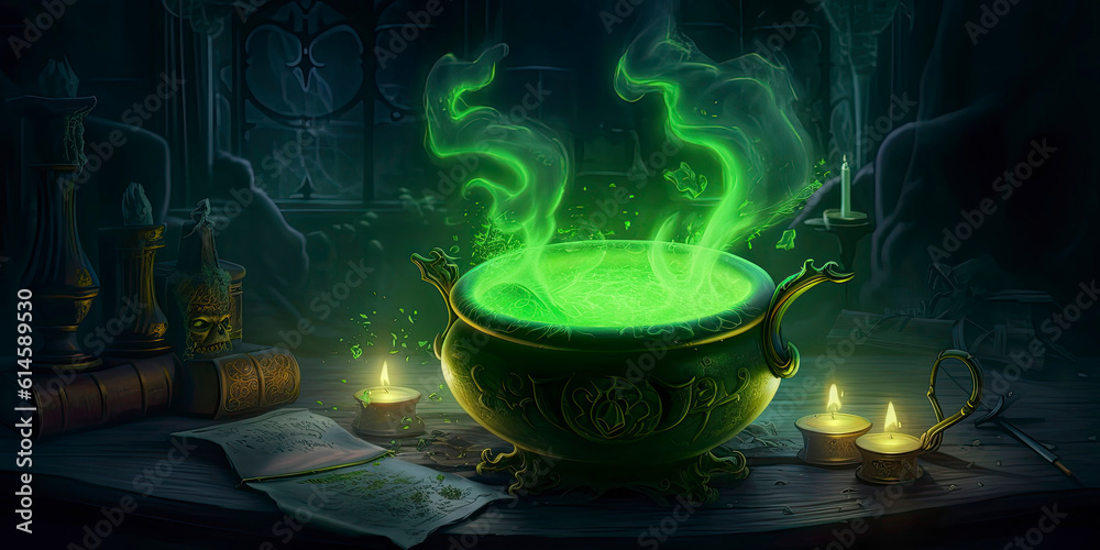 Halloween magical witches green bubbling cauldron with fog and mist ...