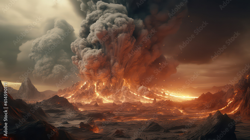 A horrifying scene of a super volcano eruption that has filled the sky ...