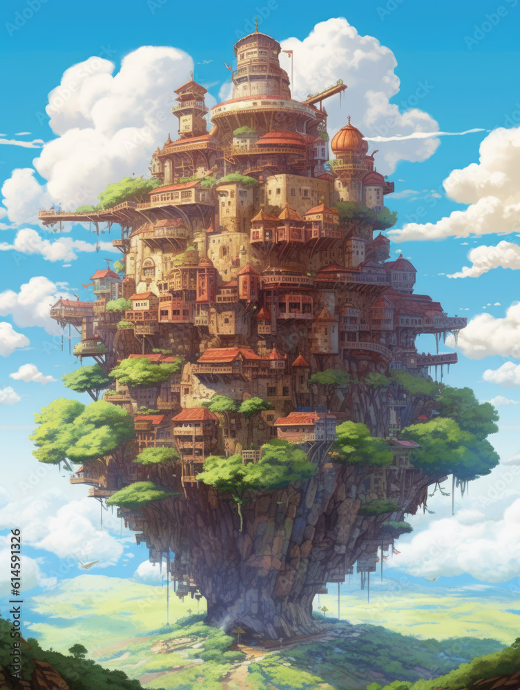 Floating fantasy city in anime-style landscape Stock Illustration ...