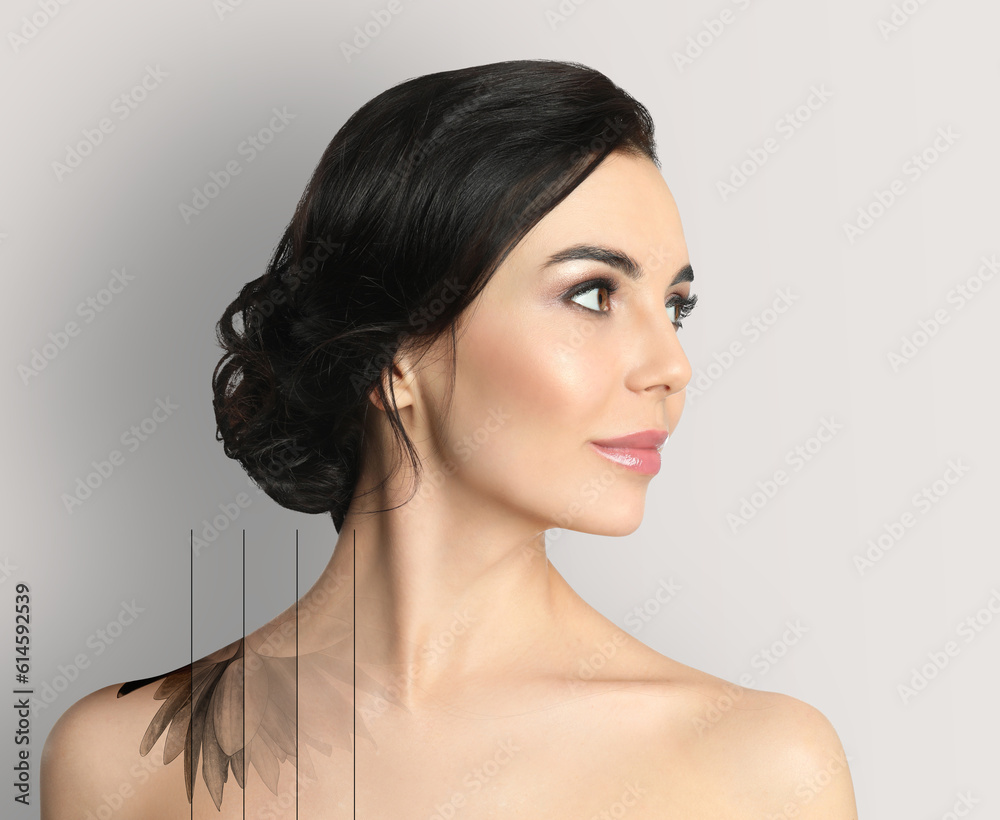 Design with photo of woman on light background during tattoo removal ...