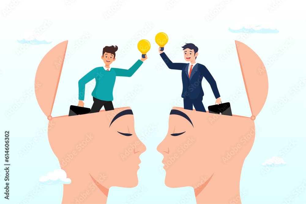 Businessman open from human brain head to exchange business light bulb ideas, exchange idea from ...