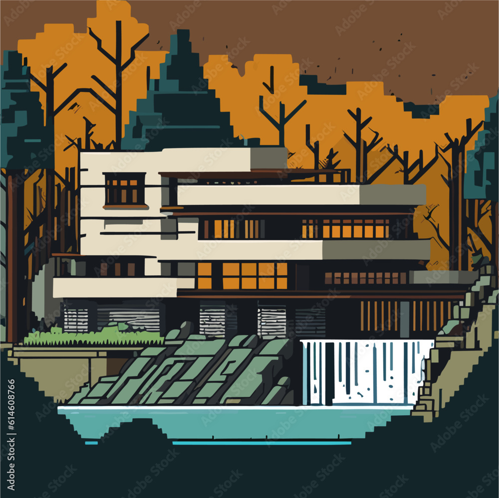 Frank Lloyd Wrights Fallingwater vector house pixel art Stock Vector ...