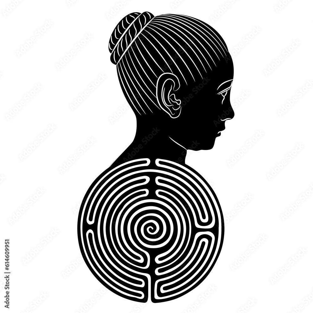 Head of antique girl on top of a round spiral maze or labyrinth symbol ...