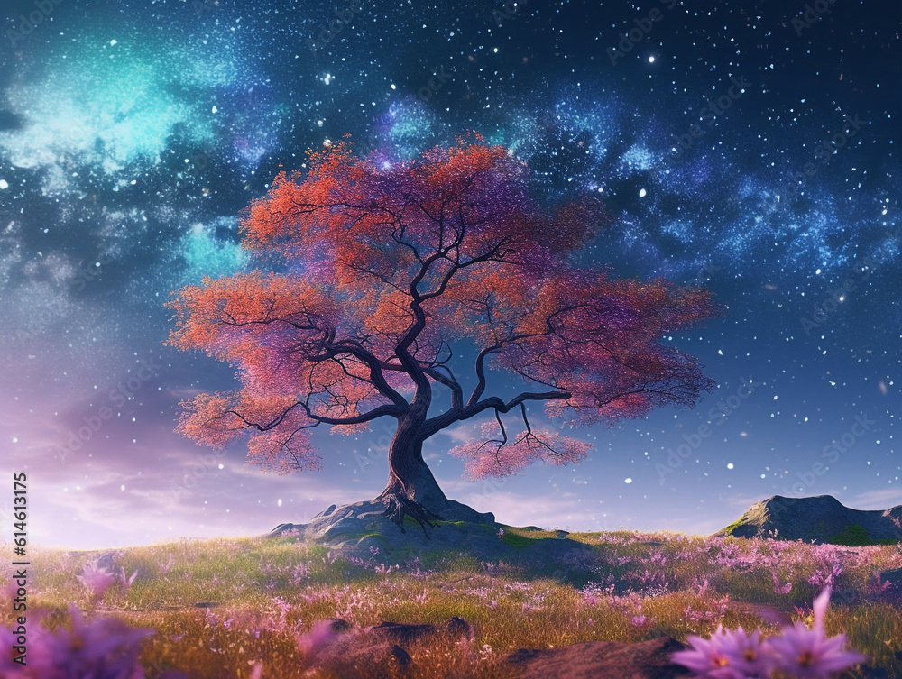 Giant tree and night sky with stars Stock Illustration | Adobe Stock